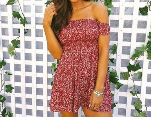 Smocked Tiny Floral Print Off The Shoulder Dress Wine Red Print